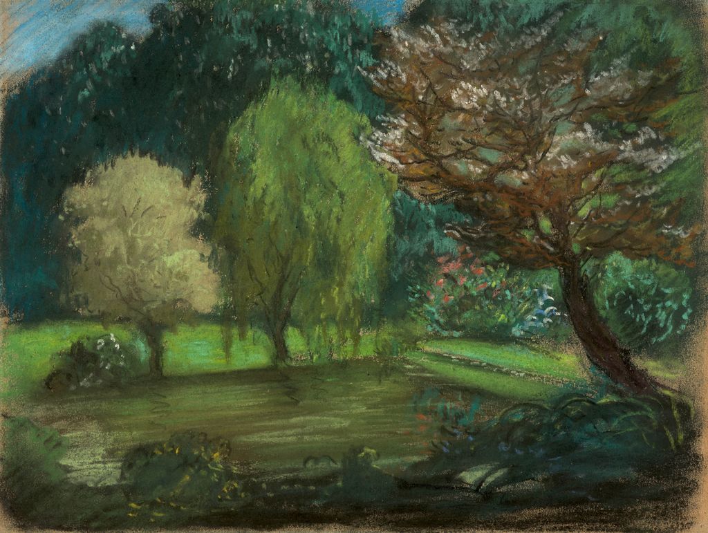 Arbres au bord d’une pièce d’eau dans un parc, vers 1850