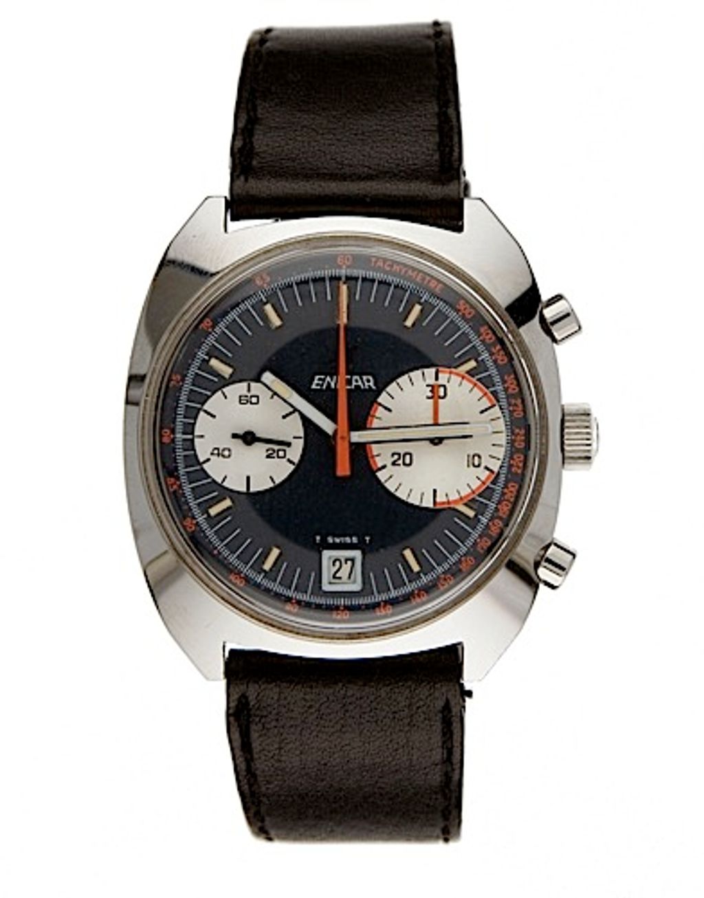 ENICAR Vers 1970 Beau chronographe bracelet en acier, boîtier tonneau ...