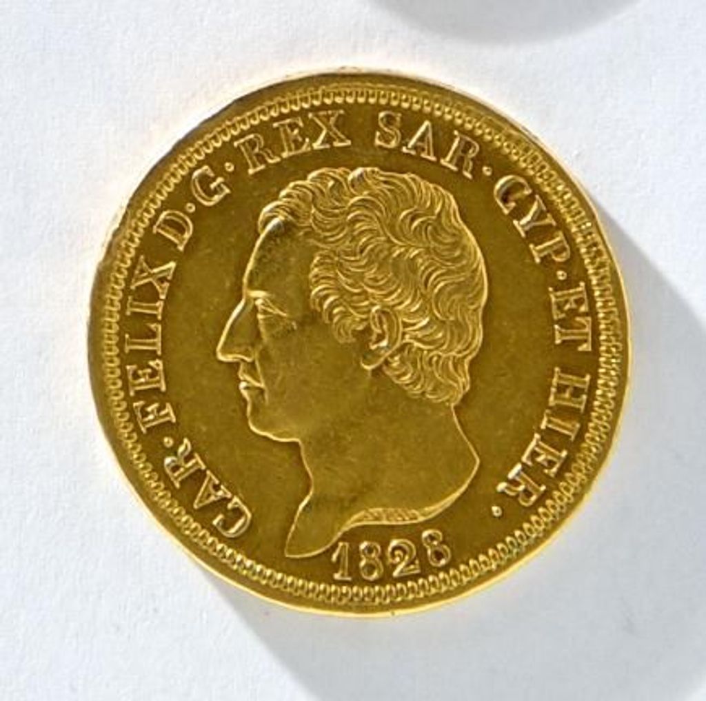 CHARLES FELIX (1821-1831). 80 lire. Gênes (ancre, P), 1828 Or, TB à TTB ...